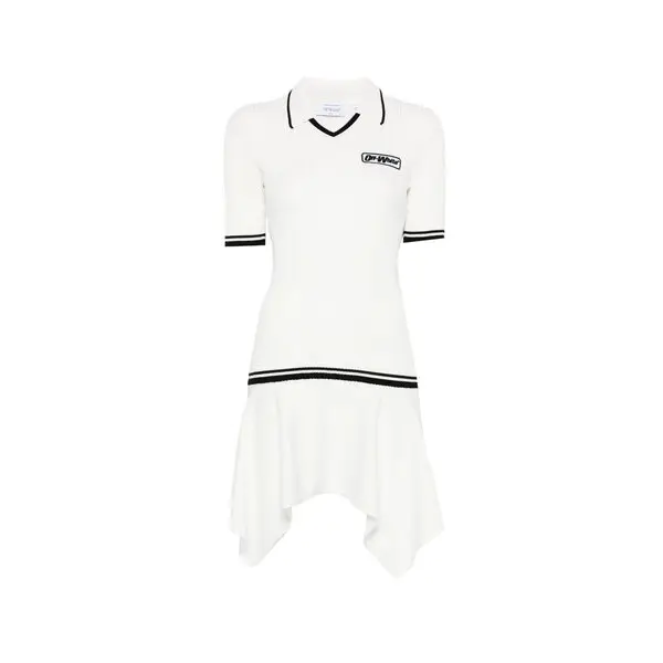 Off-White Short Sleeve Ribbed Knit A-line Dress - White