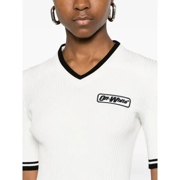 Off-White Short Sleeve Ribbed Knit A-line Dress - White