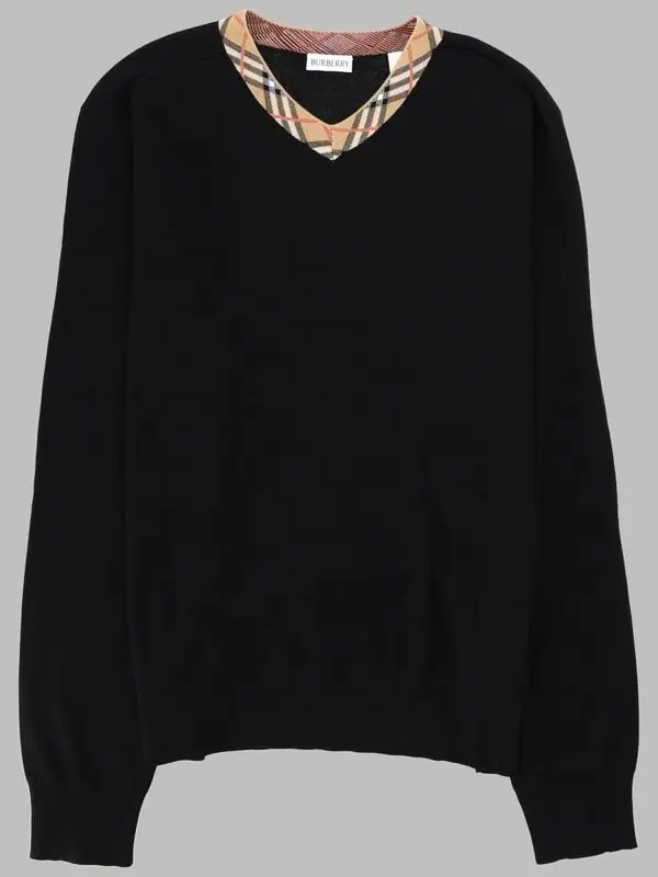 Burberry Maglia In Lana Merino Con Scollo Check - Black