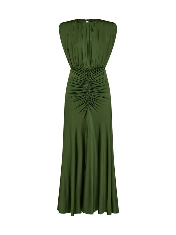 SELF-PORTRAIT Olive Jersey Gathered Long Dress - Multicolor