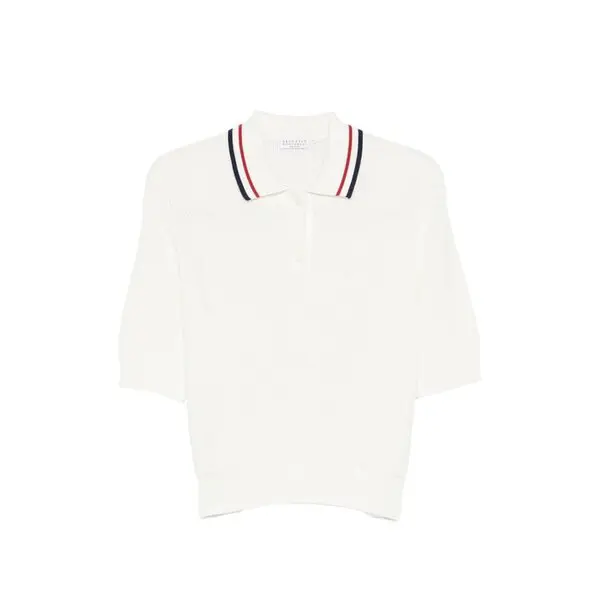 Brunello Cucinelli Striped Collar Polo Top - Cream