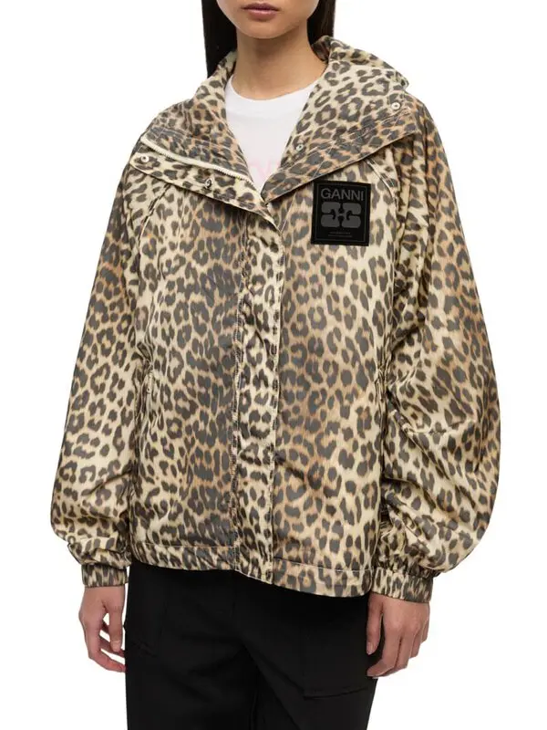 GANNI Nylon Jacket With Leopard Print