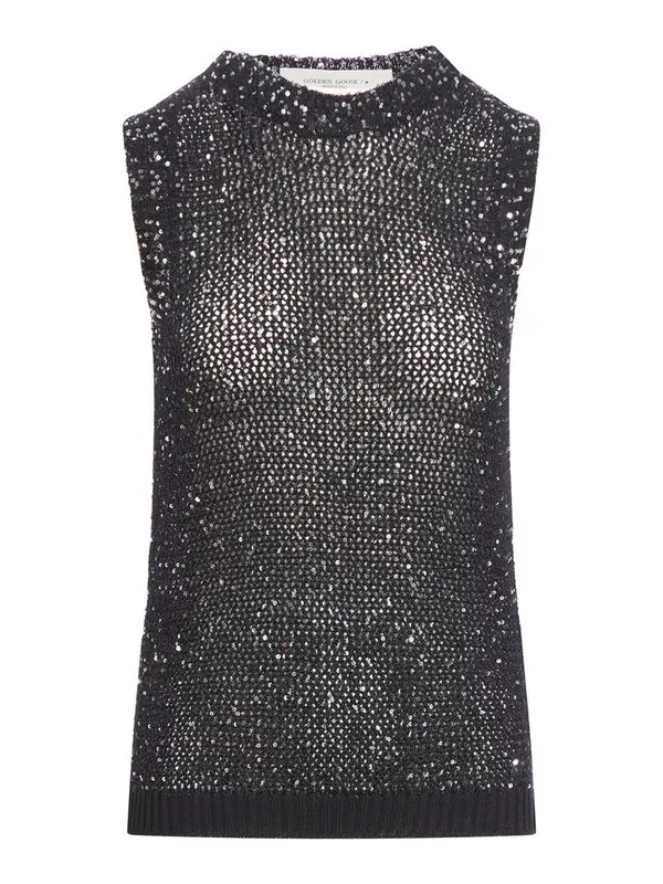 GOLDEN GOOSE Net Mesh Top With Sequins And Contrasting Details - Black