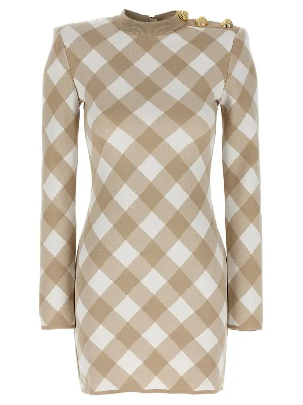 Balmain Vichy Macro Print Viscose Blend Dress - Cream