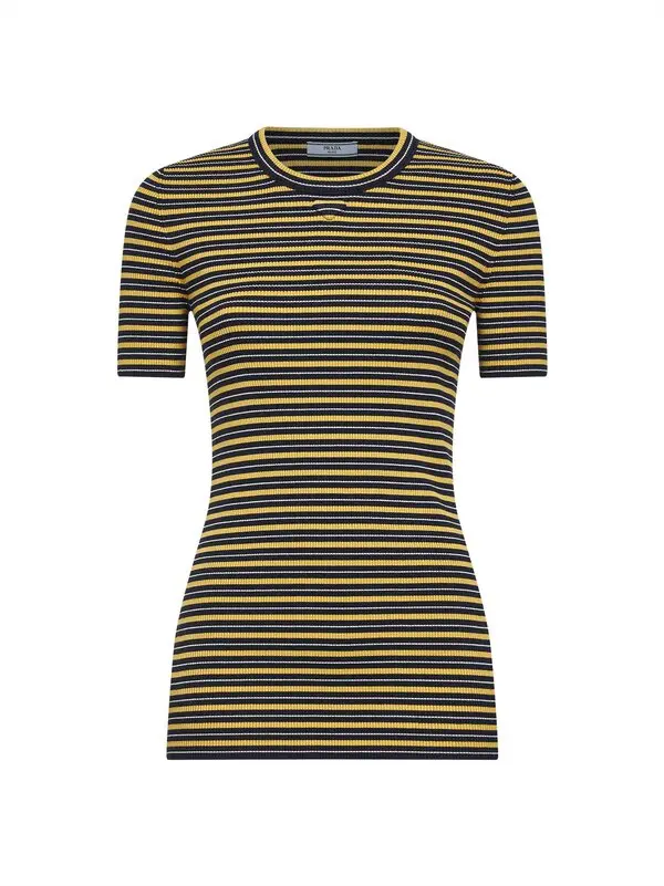 Prada Abbigliamento Navy And Yellow Striped Ribbed Stretch Cotton Knit Sweater - Multicolor