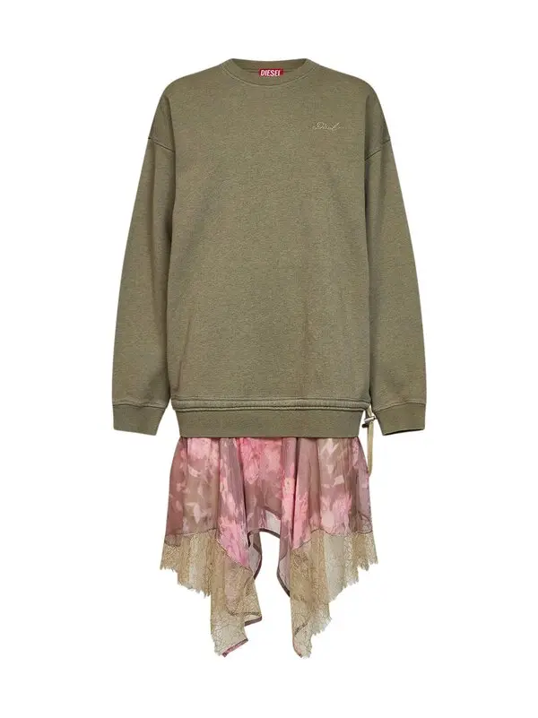 DIESEL® Green And Pink D-orely Sweatshirt Dress With Chiffon Skirt - Multicolor