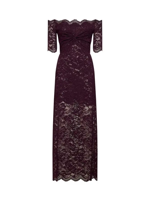 Rabanne Magenta Purple Stretch Floral Lace Layered Long Dress - Multicolor