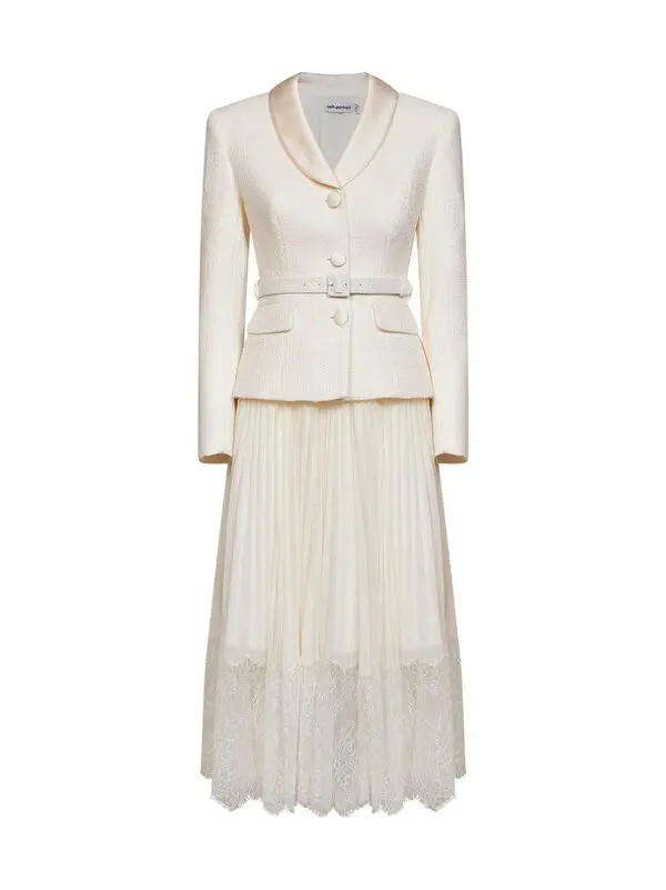 SELF-PORTRAIT Georgette And Bouclé Belted Midi Dress - Multicolor