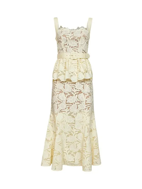 SELF-PORTRAIT Yellow Macramé Lace Belted Peplum Midi Dress - Multicolor