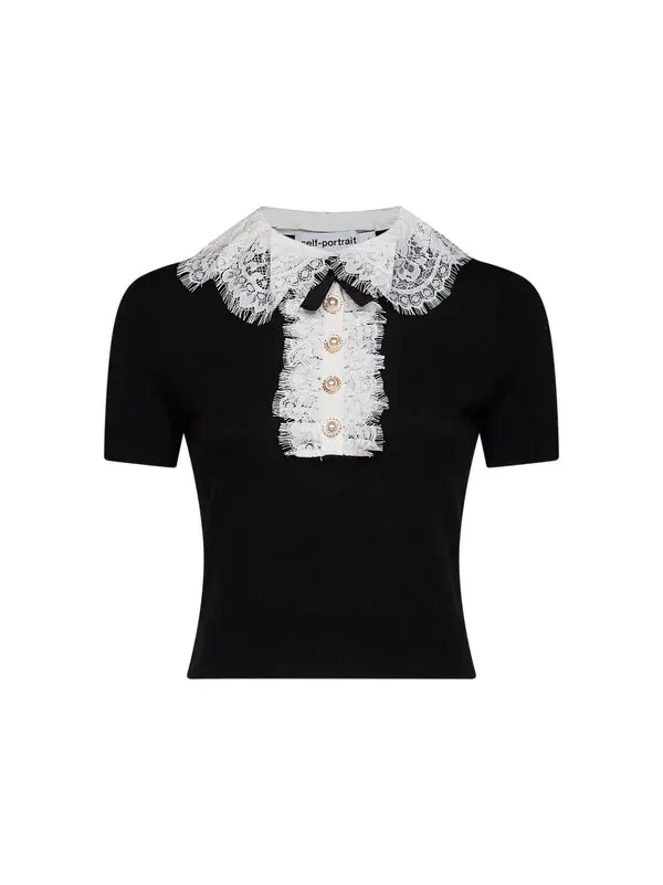 SELF-PORTRAIT Black Wool Knit Top With Lace Collar - Multicolor