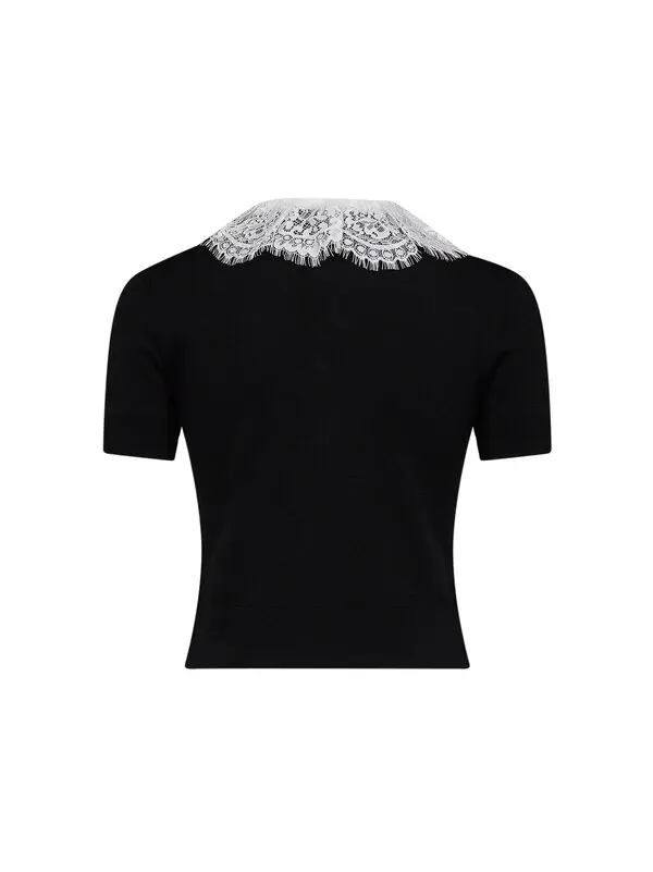 SELF-PORTRAIT Black Wool Knit Top With Lace Collar - Multicolor