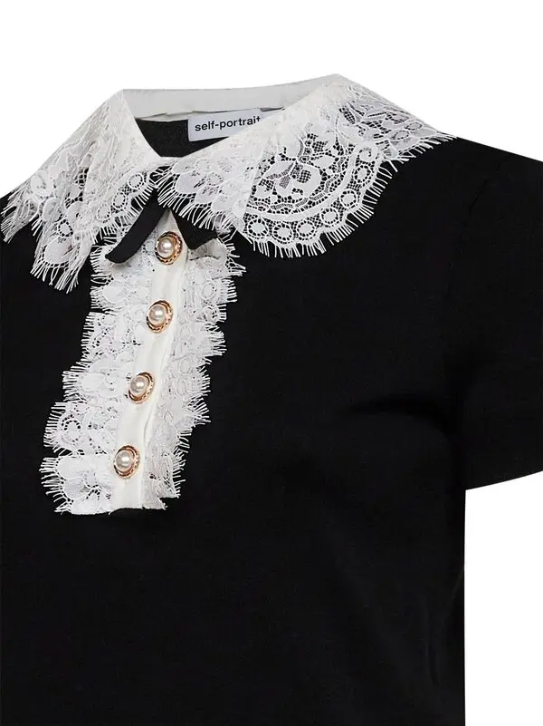 SELF-PORTRAIT Black Wool Knit Top With Lace Collar - Multicolor