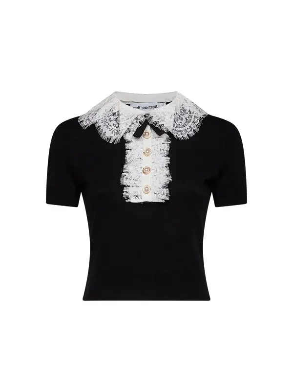 SELF-PORTRAIT Wool Knit Top With Lace Collar - Multicolor