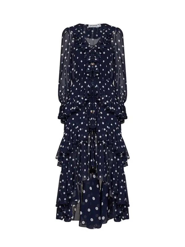 SELF-PORTRAIT Navy Blue Polka Dot Georgette Ruffled Maxi Dress - Multicolor
