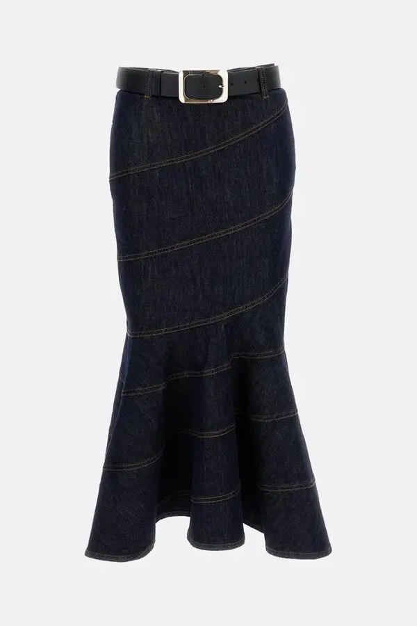 SELF-PORTRAIT Belted Denim Midi Skirt - Multicolor
