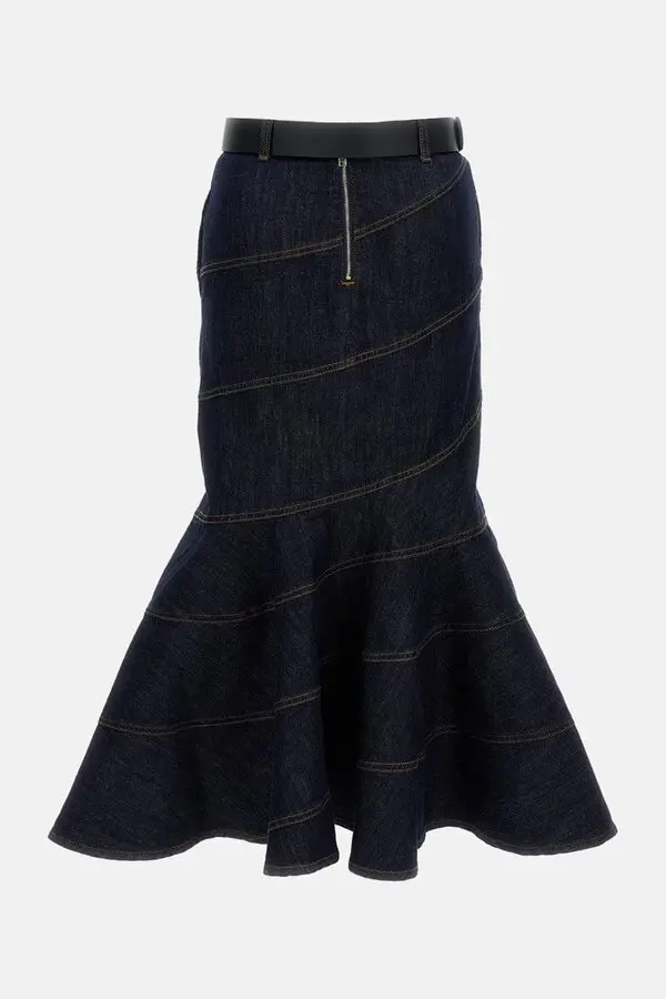 SELF-PORTRAIT Belted Denim Midi Skirt - Multicolor