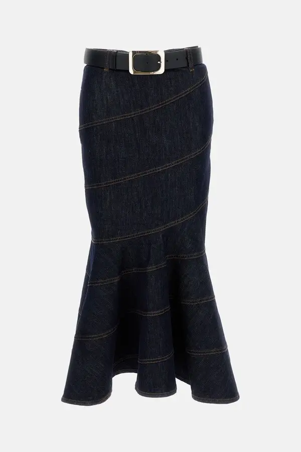 SELF-PORTRAIT Belted Denim Midi Skirt - Multicolor