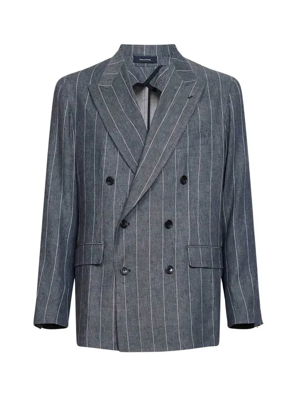 Tagliatore Blue Pinstriped Linen Blend New York Double-breasted Blazer