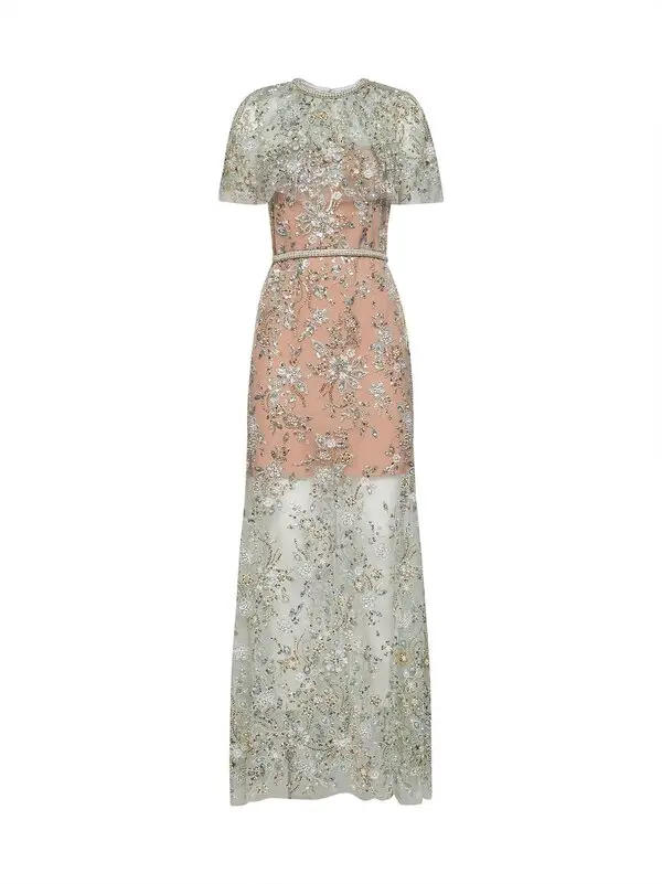 SELF-PORTRAIT Mint Embroidered Tulle Cape Maxi Dress - Multicolor