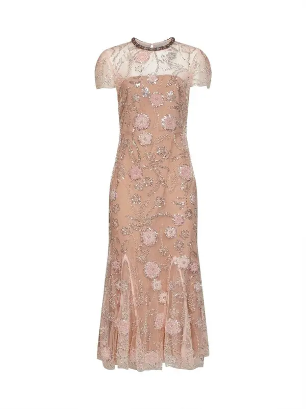 SELF-PORTRAIT Sequin Flower-embroidered Tulle Midi Dress - Multicolor