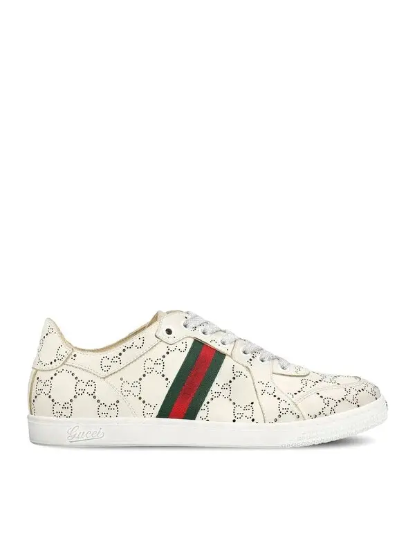 Gucci Leather Sneakers With Allover Gg And Web Band - White