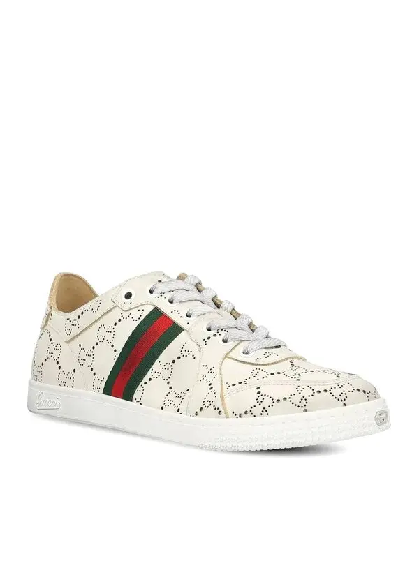 Gucci Leather Sneakers With Allover Gg And Web Band - White