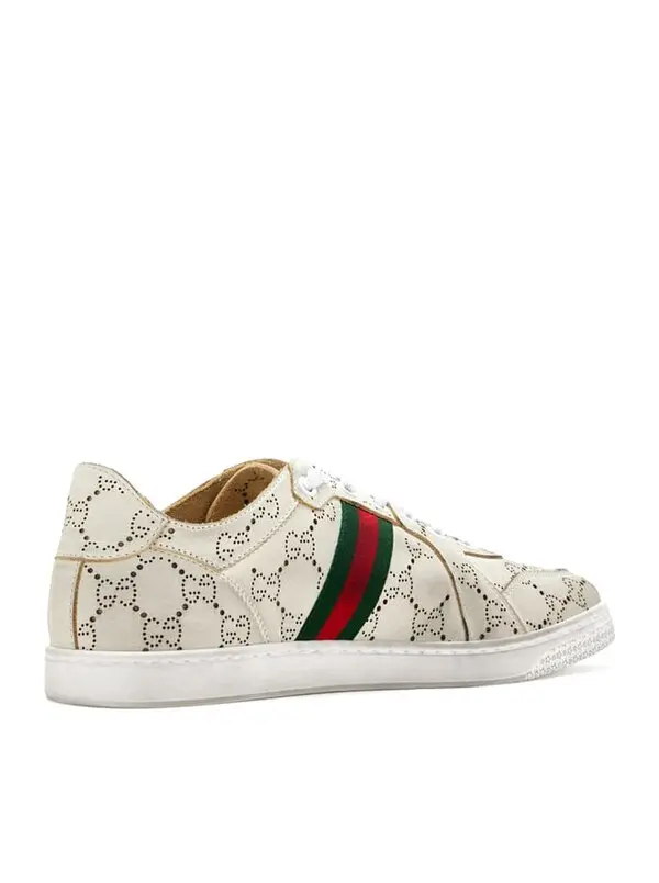 Gucci Leather Sneakers With Allover Gg And Web Band - White