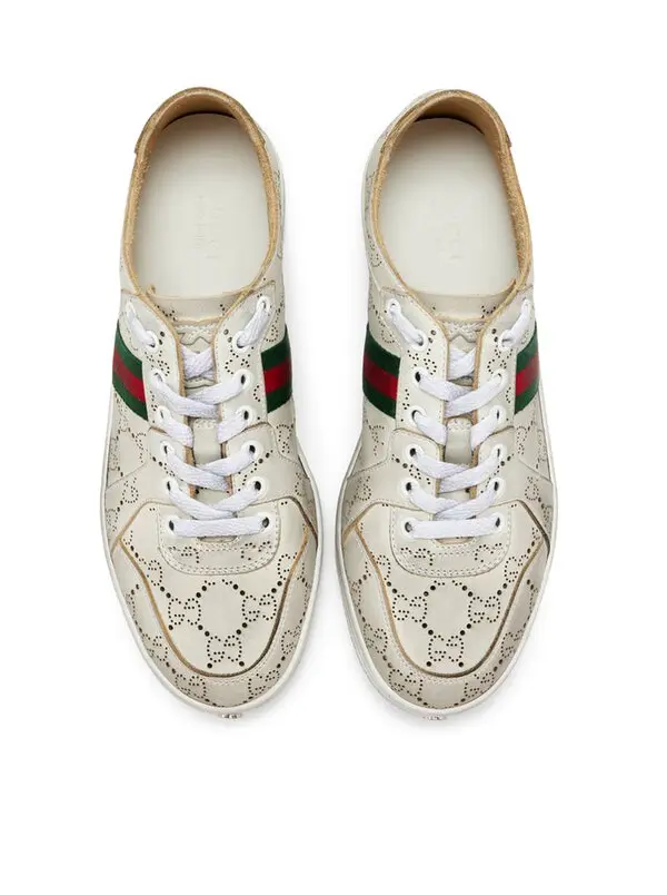 Gucci Leather Sneakers With Allover Gg And Web Band - White