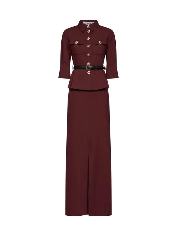 SELF-PORTRAIT Brown Twill Belted Maxi Dress - Multicolor