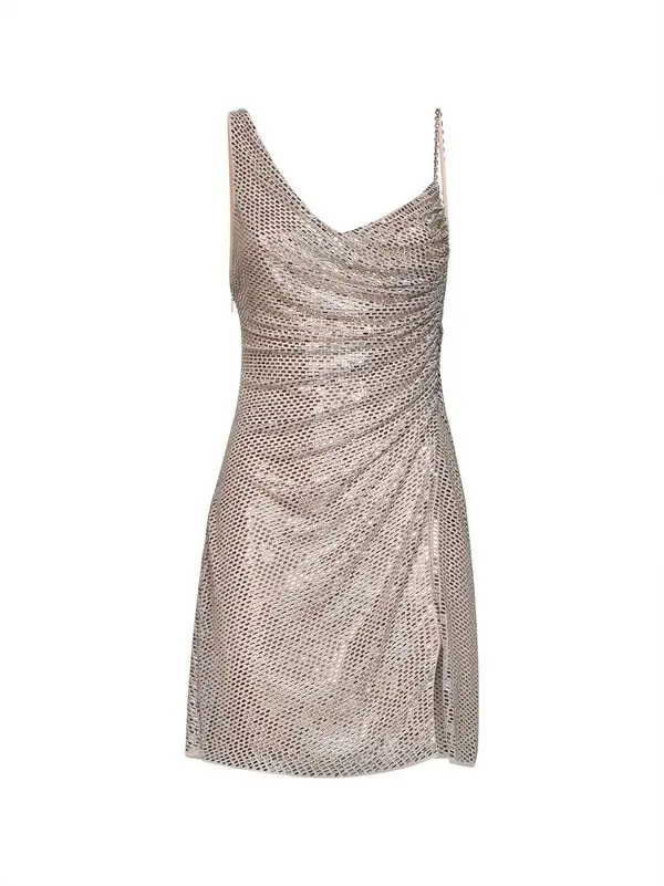 SELF-PORTRAIT Champagne Rhinestone-embellished Tulle Draped Mini Dress - Multicolor