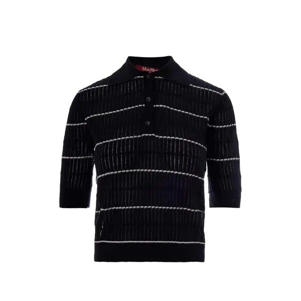 Max Mara Striped Ribbed Silk And Wool Polo Top - Black
