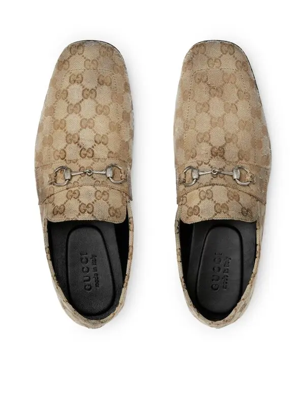 Gucci Lived-effect Gg Canvas Moccasin With Horsebit - Cream