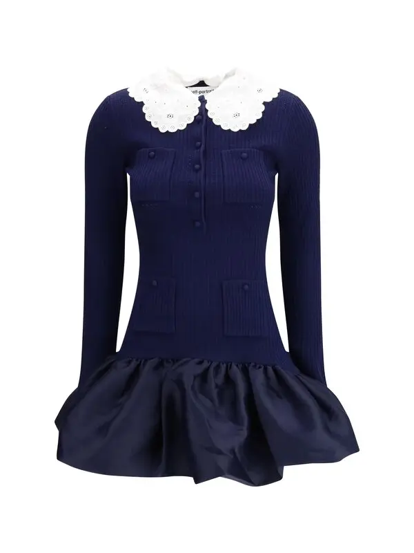 SELF-PORTRAIT Knit Taffeta Mini Dress - Blue