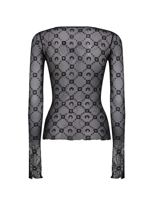 MARINE SERRE Black Monogram Mesh Long-sleeved Top