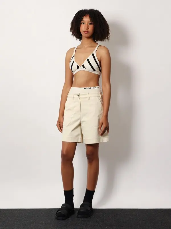 Moncler Stretch Cotton Shorts With Maxi Logo Patch - Cream