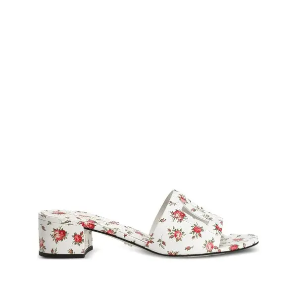 Dolce & Gabbana Floral Print Logo Block Heel Sandals - White