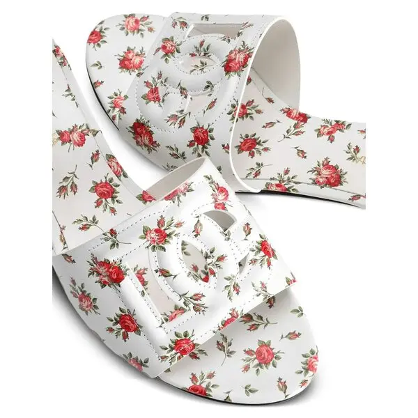 Dolce & Gabbana Floral Print Logo Block Heel Sandals - White