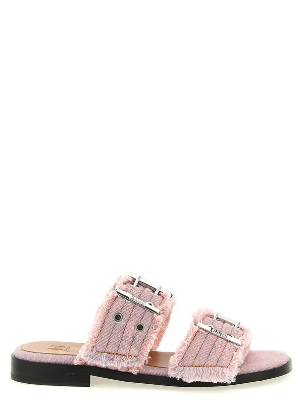 GANNI Buckled Fringed Denim Sandals - Pink