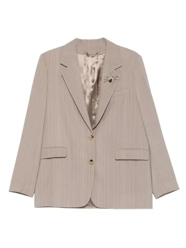GOLDEN GOOSE Pinstripe Oversized Wool Blend Blazer With Broche - Multicolor
