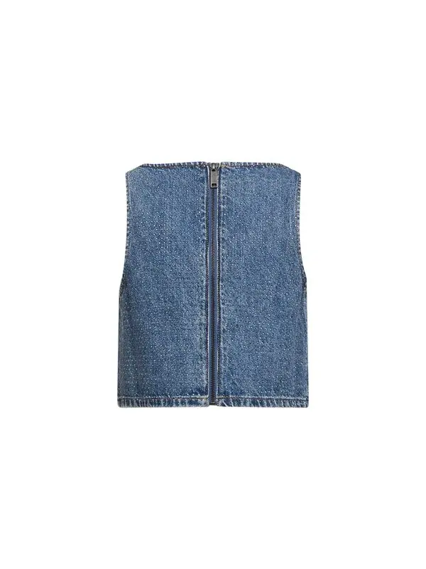 SELF-PORTRAIT Blue Rhinestone Denim Crop Top