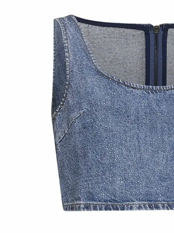 SELF-PORTRAIT Blue Rhinestone Denim Crop Top