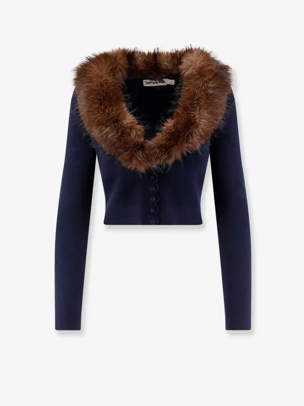 SELF-PORTRAIT Faux Fur Trim Cardigan - Blue