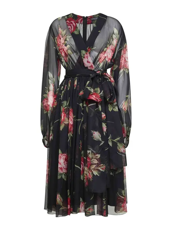 Dolce & Gabbana Black Rose Bouquet Printed Chiffon Dress - Multicolor