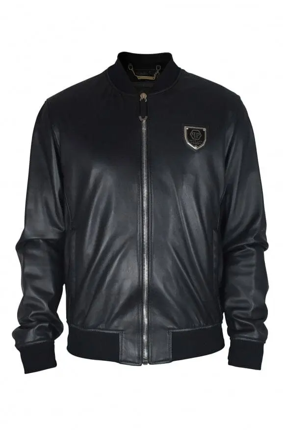 Philipp Plein Leather Bomber Jacket - Black