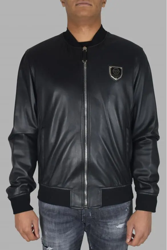 Philipp Plein Leather Bomber Jacket - Black