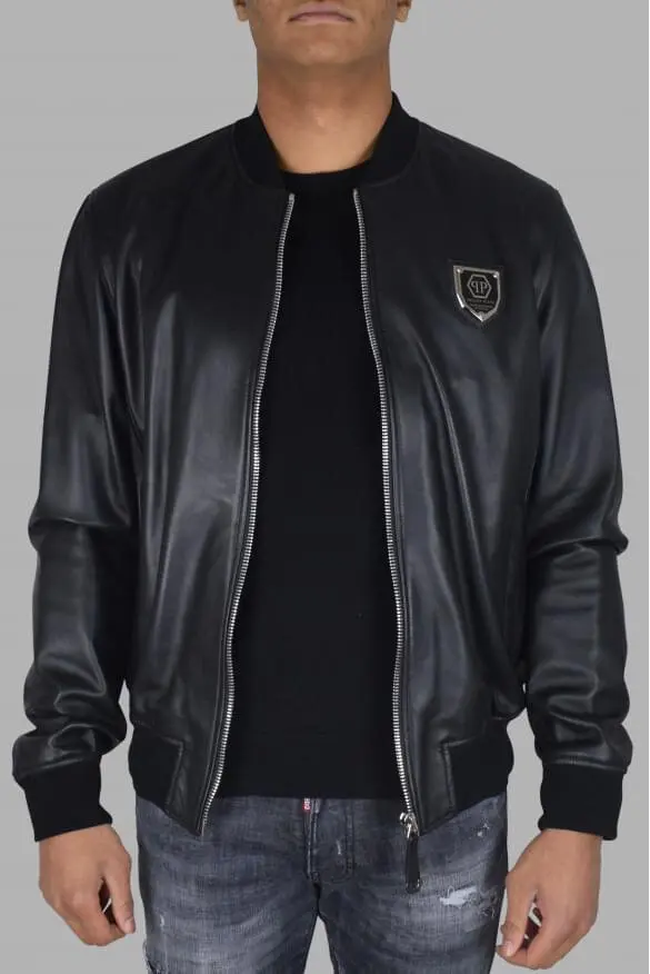 Philipp Plein Leather Bomber Jacket - Black