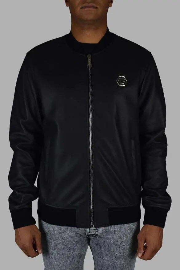 Philipp Plein Leather Bomber Jacket - Black