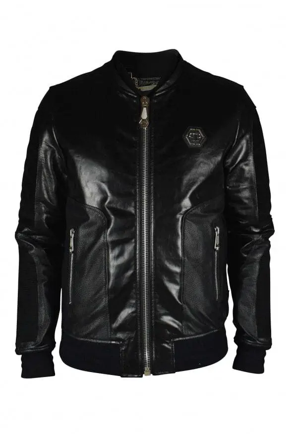 Philipp Plein Leather Bomber Jacket - Black