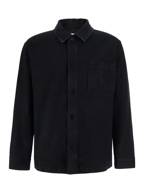 Saint Laurent Black Shirt With Classic Collar And Cassandre Embroidery On The Front In Cotton For - Multicolor