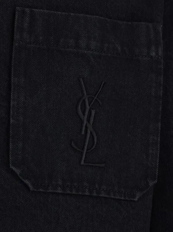Saint Laurent Black Shirt With Classic Collar And Cassandre Embroidery On The Front In Cotton For - Multicolor